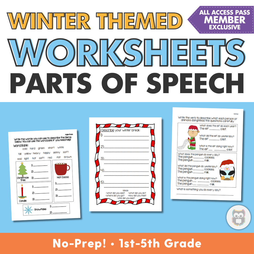 Parts of Speech Winter Grammar Worksheets.